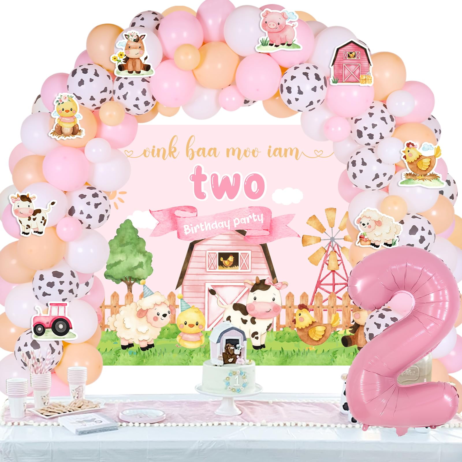 JOYMEMO Pink Farm 2nd Birthday Decorations for Girls, Farm Animals ...