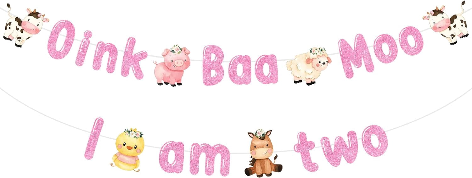 JOYMEMO Pink Oink Baa Moo I am Two Banner - Farm Animal 2nd Birthday ...