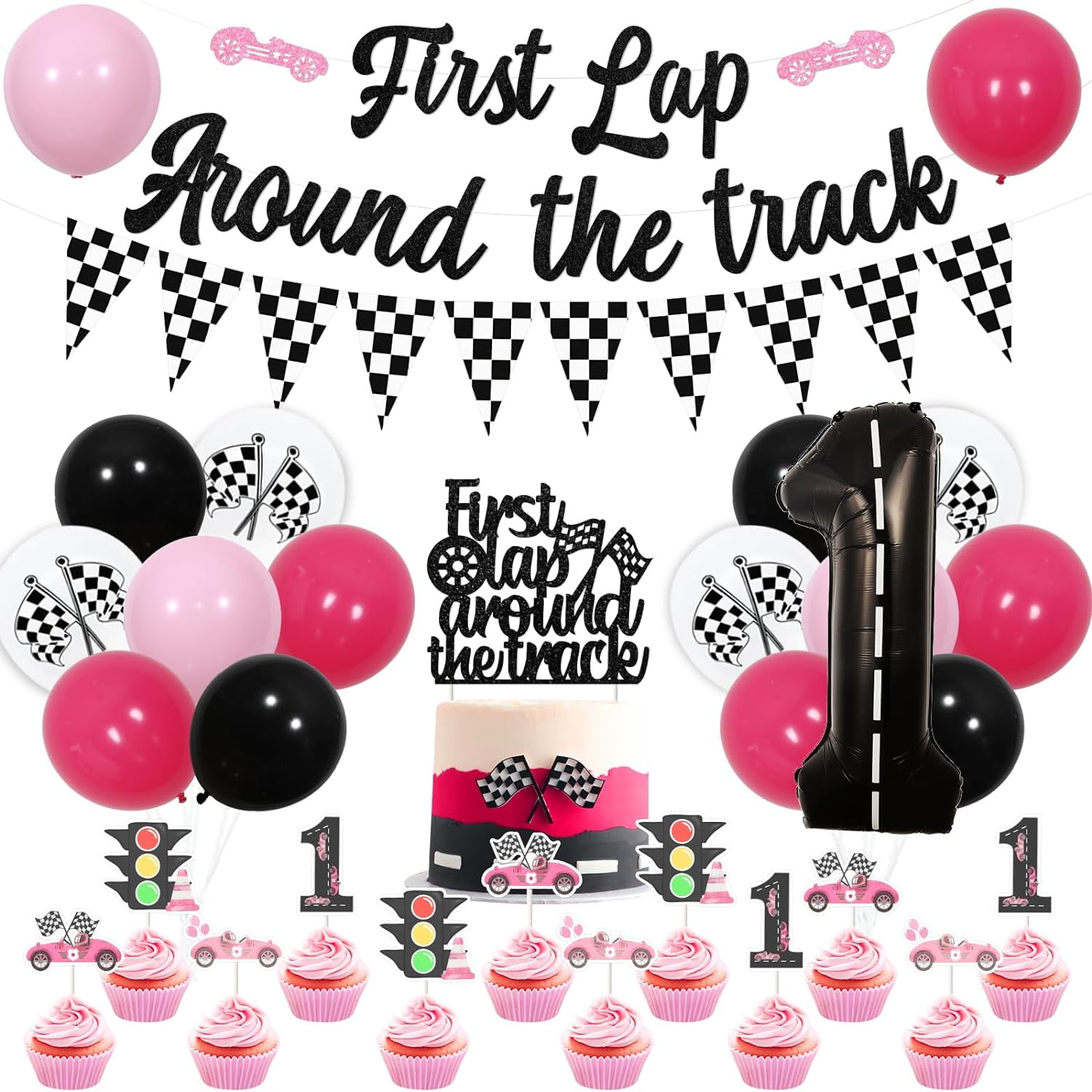 JOYMEMO Pink Race Car 1st Birthday Party Decorations Girl - First Lap ...