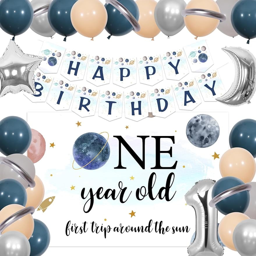 JOYMEMO Space Themed 1st Birthday Decorations for Boys, Retro Solar System Theme Happy One Year ...