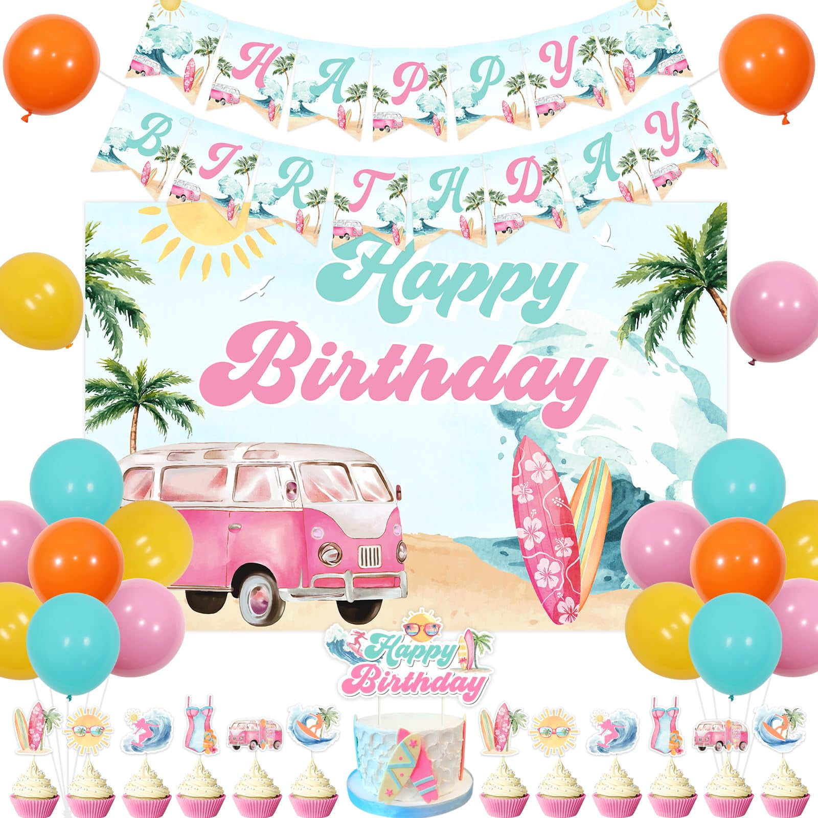 JOYMEMO Surfing Birthday Party Decorations Girl - Surf Happy Birthday ...