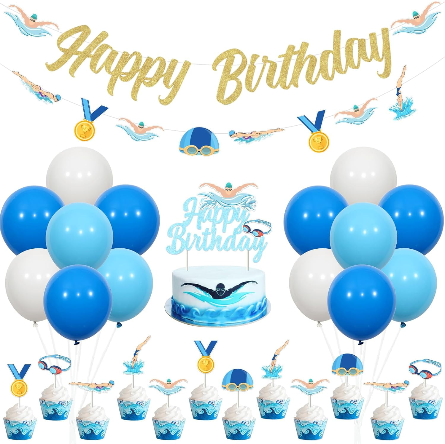 JOYMEMO Swimming Birthday Party Decorations - Swimming Happy Birthday ...