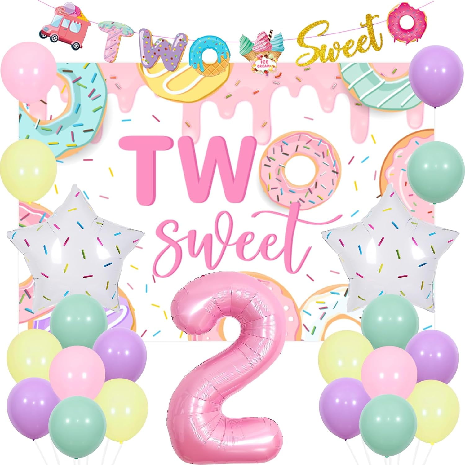 JOYMEMO Two Sweet Birthday Decorations for Girls - Donut 2nd Birthday ...