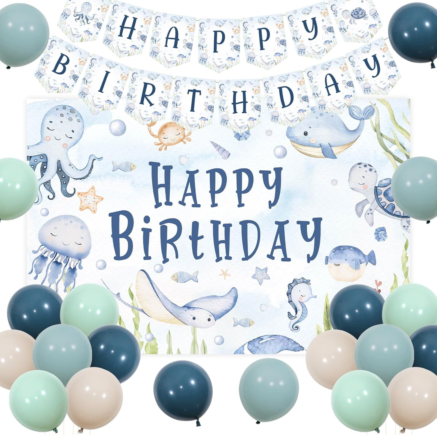 JOYMEMO Under the Sea Happy Birthday Party Decorations for Boys - Ocean ...