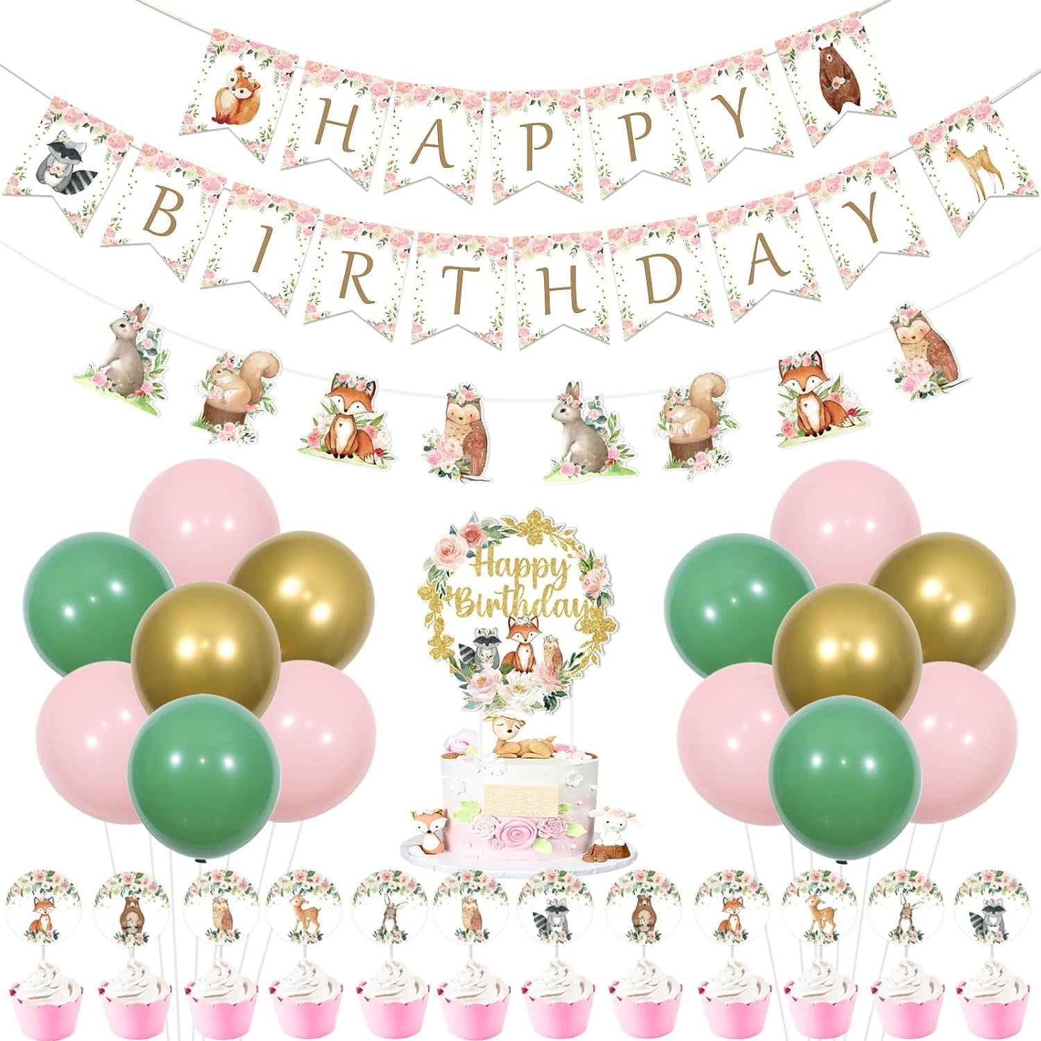 JOYMEMO Woodland Birthday Decorations for Girls, Woodland Happy ...