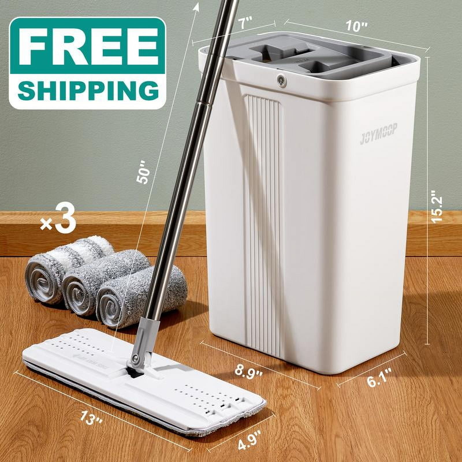 JOYMOOP 50“ Mop and Bucket with 3 Reusable Microfiber Pads Hands Free Flat Squeeze Mop with ...