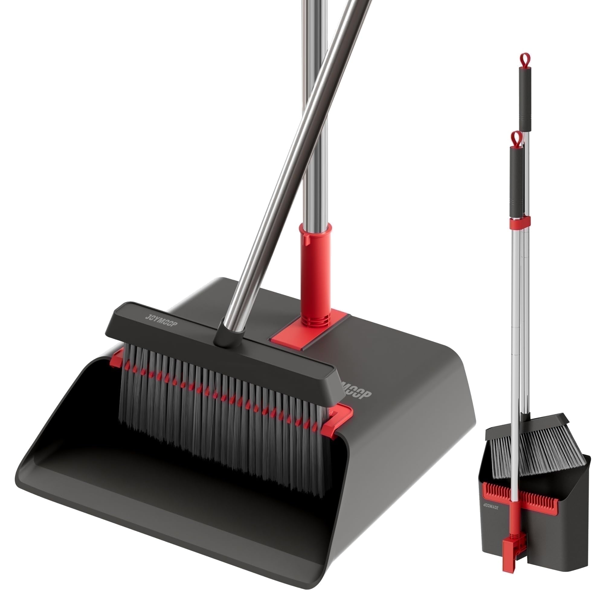 JOYMOOP Black and Red Broom and Dustpan Set, Upright Angle Design with ...