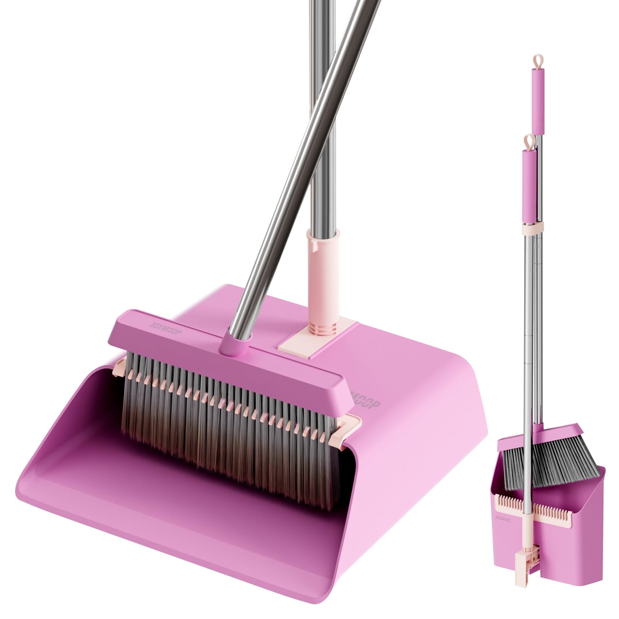 JOYMOOP Pink Broom and Dustpan Set, Upright Angle with Built-in Comb ...