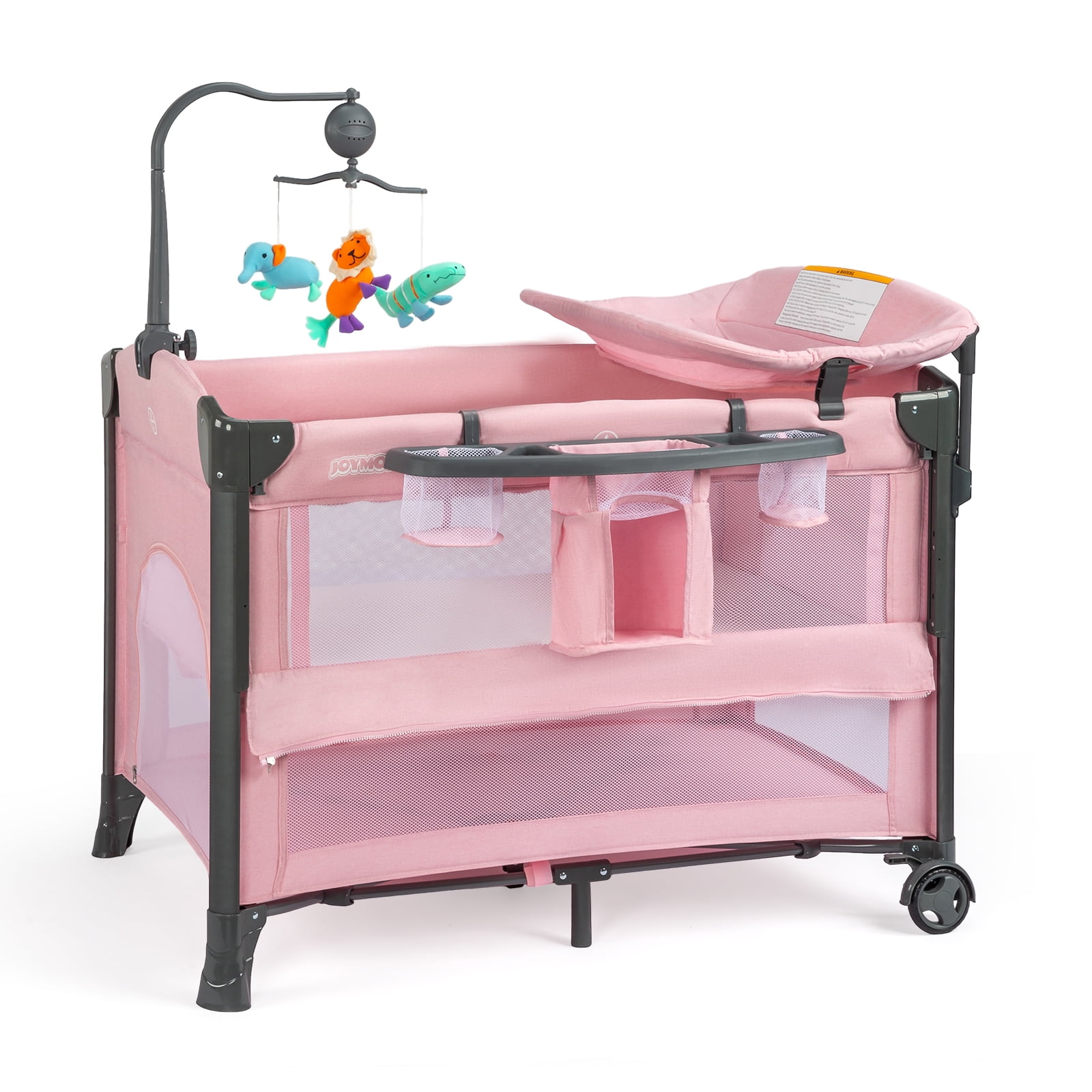 JOYMOR Bedside Bassinet with Changing Table, Pink Bedside Sleeper, for ...