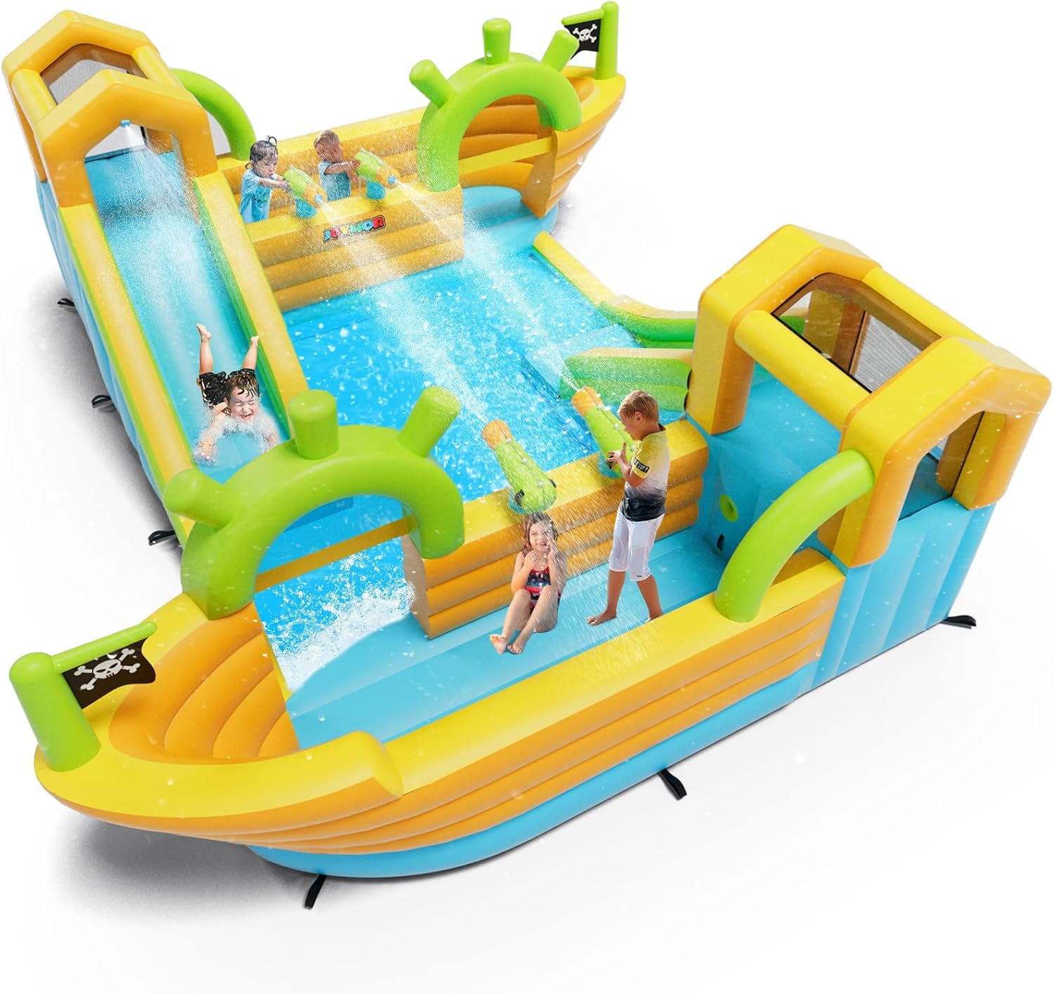 JOYMOR Inflatable Bounce House with 2 Pirate-Boat Water Slide Bounce ...