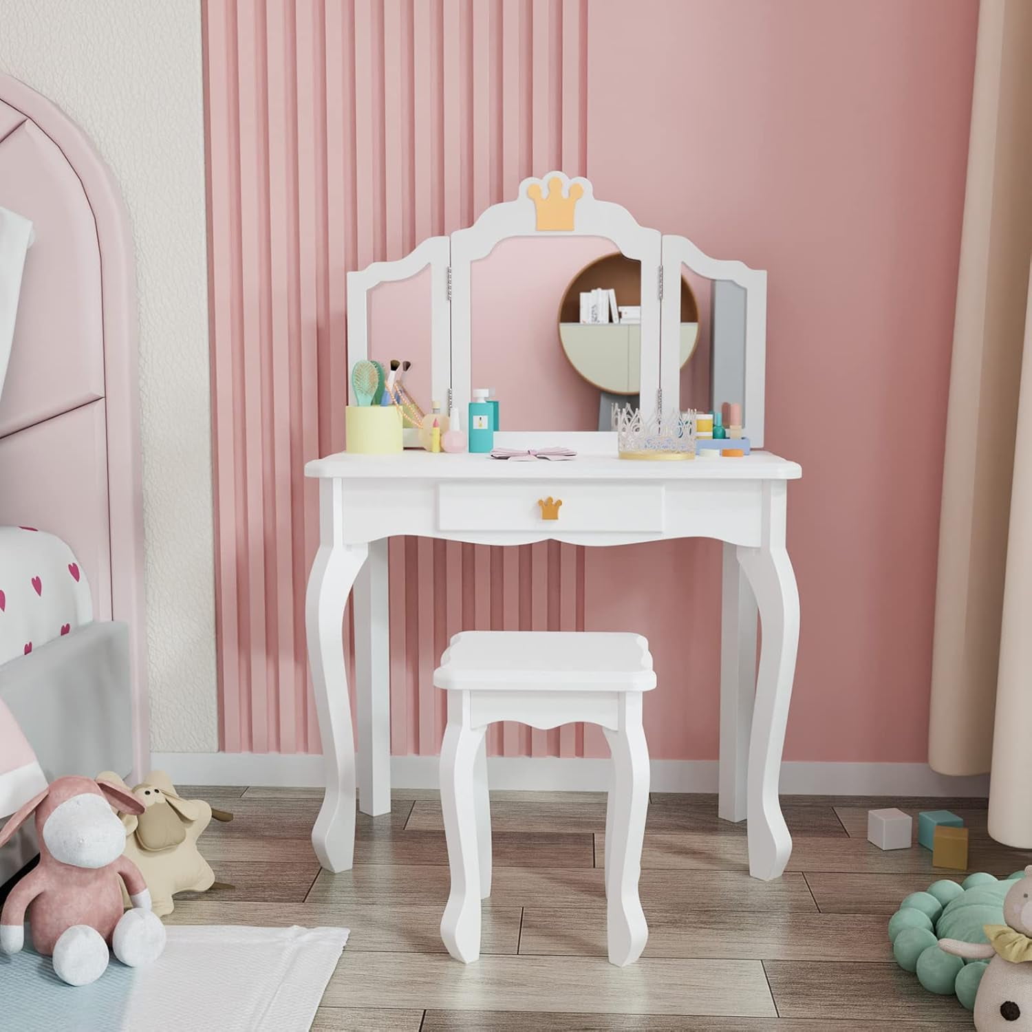 JOYMOR Kids Princess Vanity Table and Chair Set, Kids Vanity Set with ...