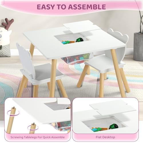 JOYMOR Kids Table and 2 Chairs Set with Storage & Removable Tabletop, Panda Ear Chairs, 3-in-1 ...
