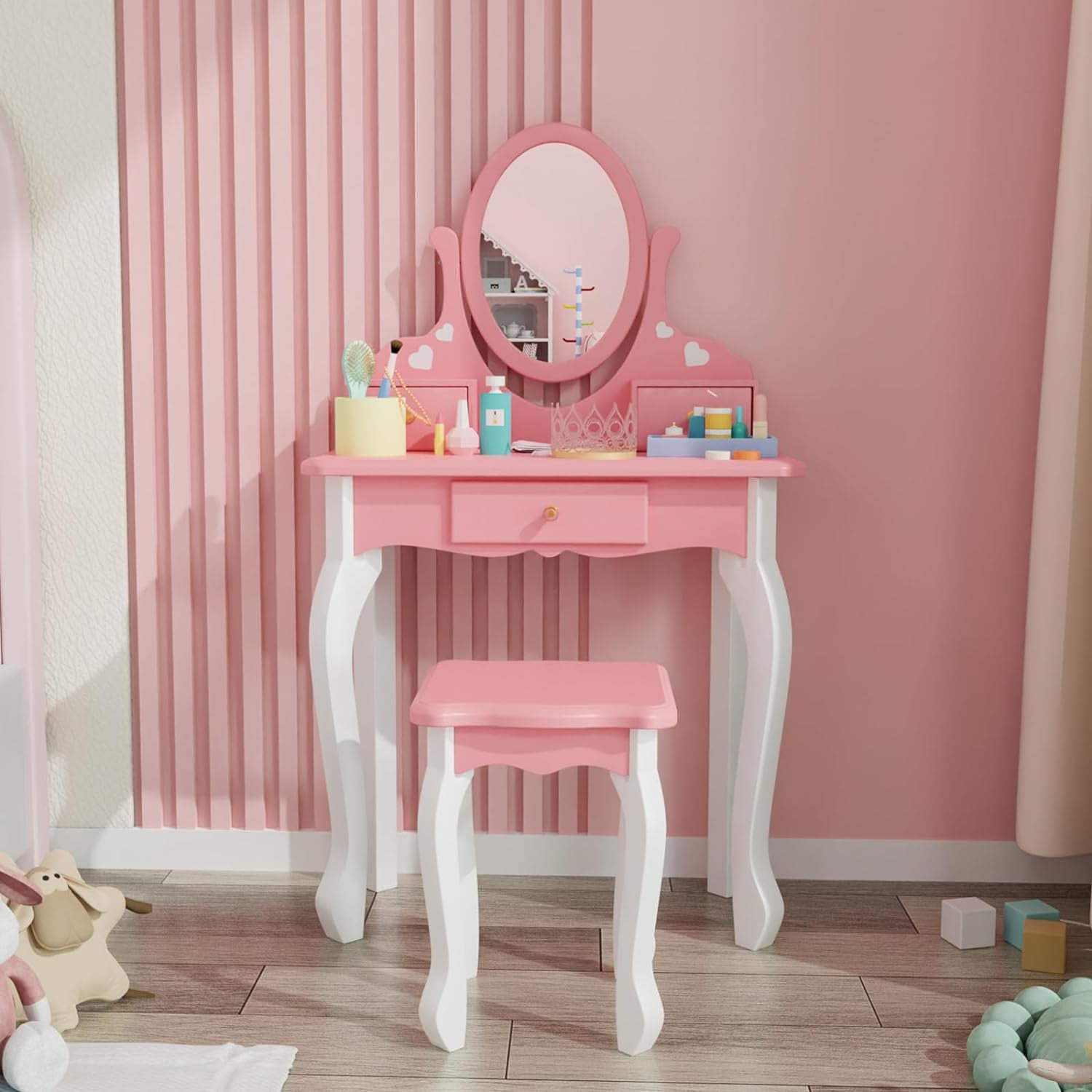 JOYMOR Kids Vanity Set with Mirror, 2 in 1 Princess Makeup Dressing ...
