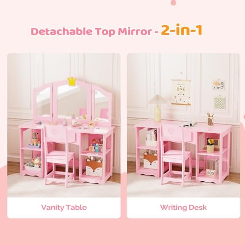JOYMOR Kids Vanity Table and Chair Set, 2 in 1 Princess Vanity, Girls ...