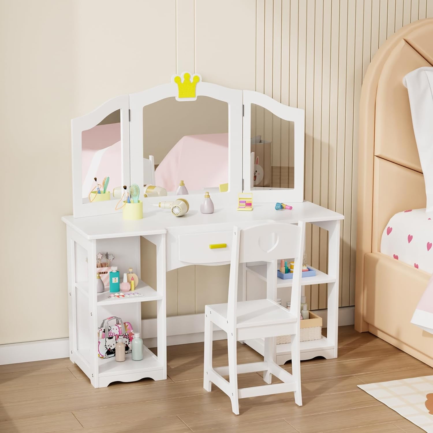 JOYMOR Kids Vanity Table and Chair Set, 2 in 1 Princess Vanity, Girls ...