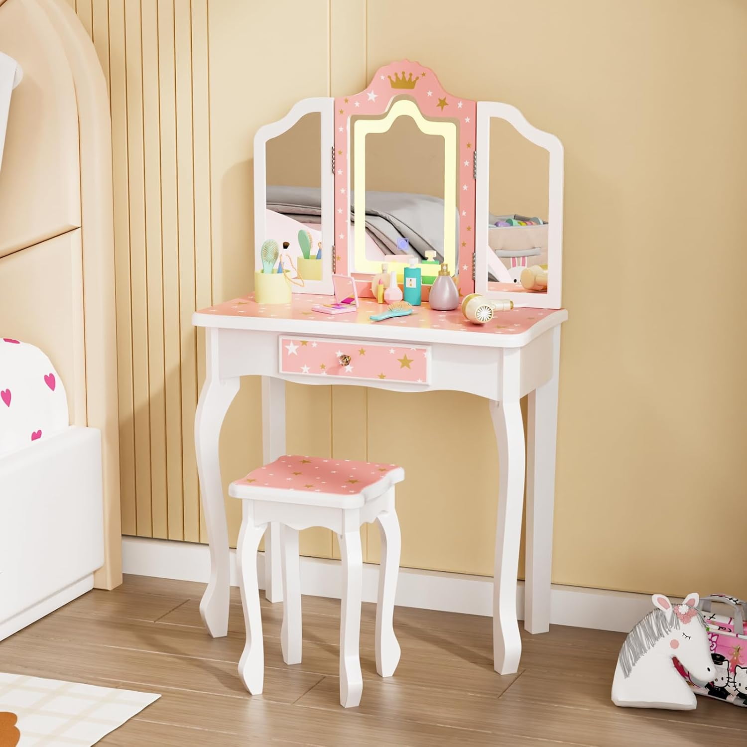 JOYMOR Kids Vanity with LED Touch Screen, Crown Style Girls Vanity Set ...