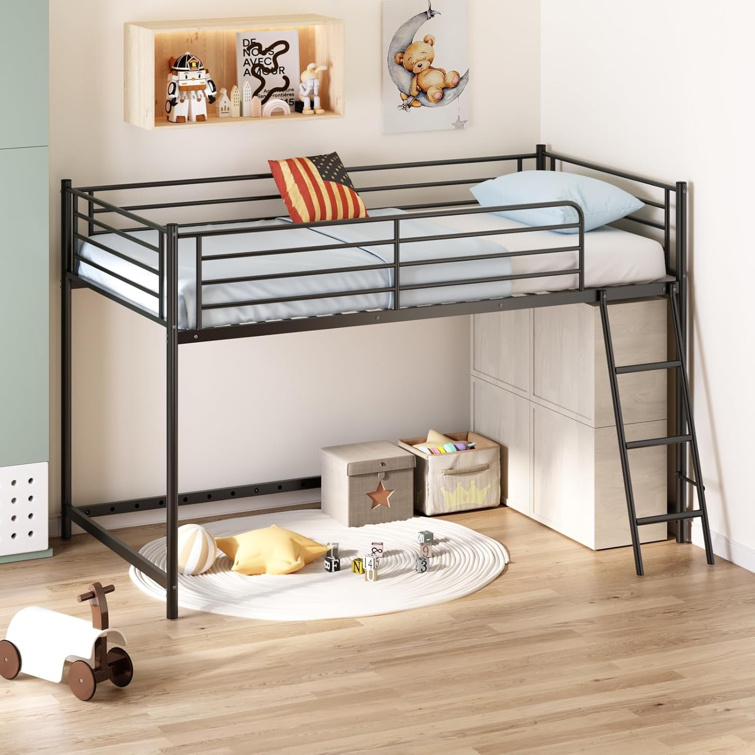 JOYMOR Low Loft Bed with Inclined Ladder, Metal Twin Size Bed Frame ...