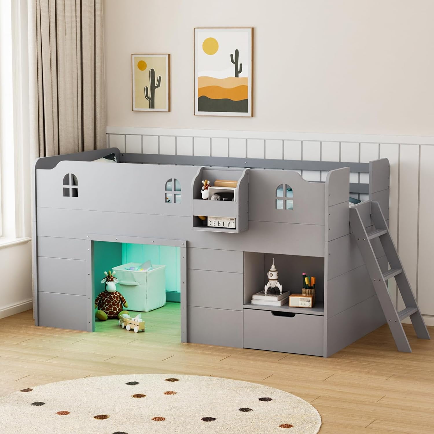 JOYMOR Low Loft Bed Twin Size with Led Light and Storage Drawer, Smart ...