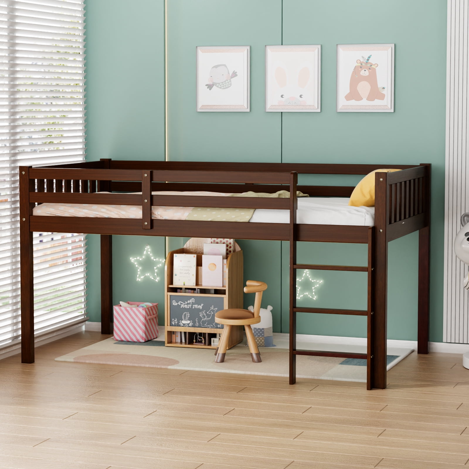 JOYMOR Low Loft Bed Twin Size with Stairs, Pind Wood Loft Bed for Kids ...