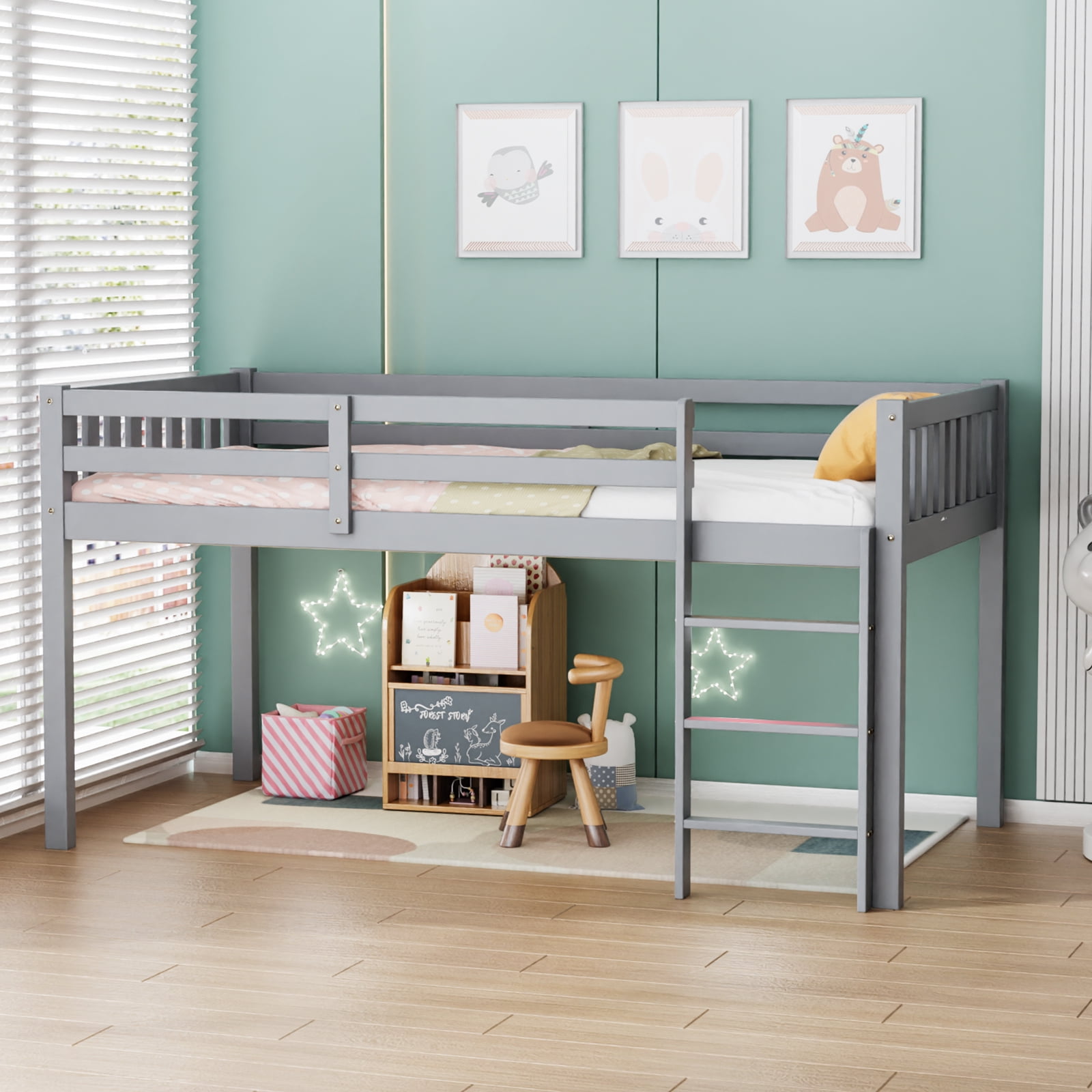 JOYMOR Low Loft Bed Twin Size with Stairs, Pind Wood Loft Bed for Kids ...