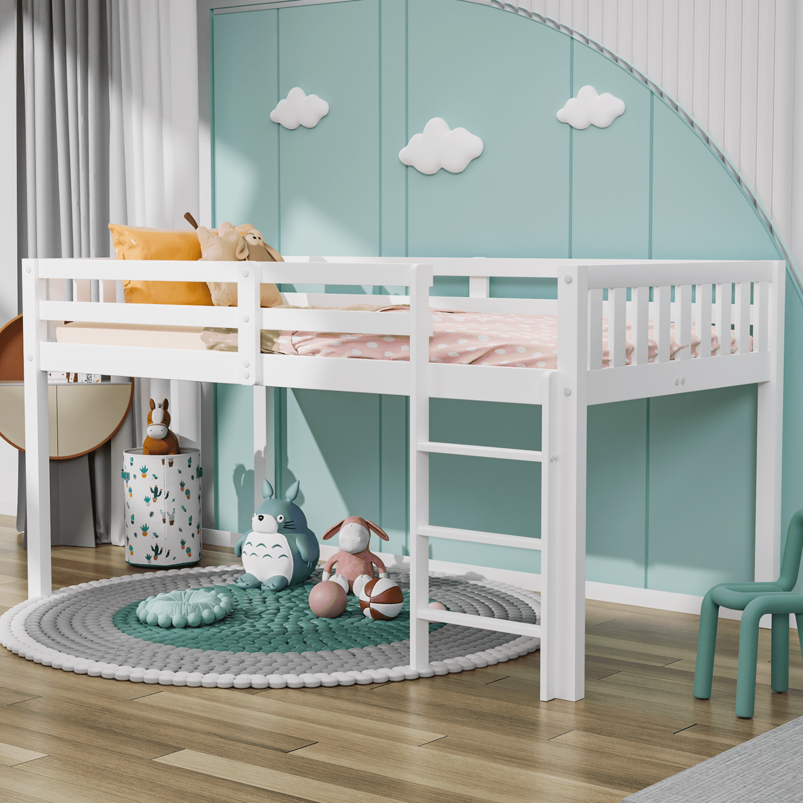 JOYMOR Low Loft Bed Twin Size with Stairs, Pind Wood Loft Bed for Kids ...
