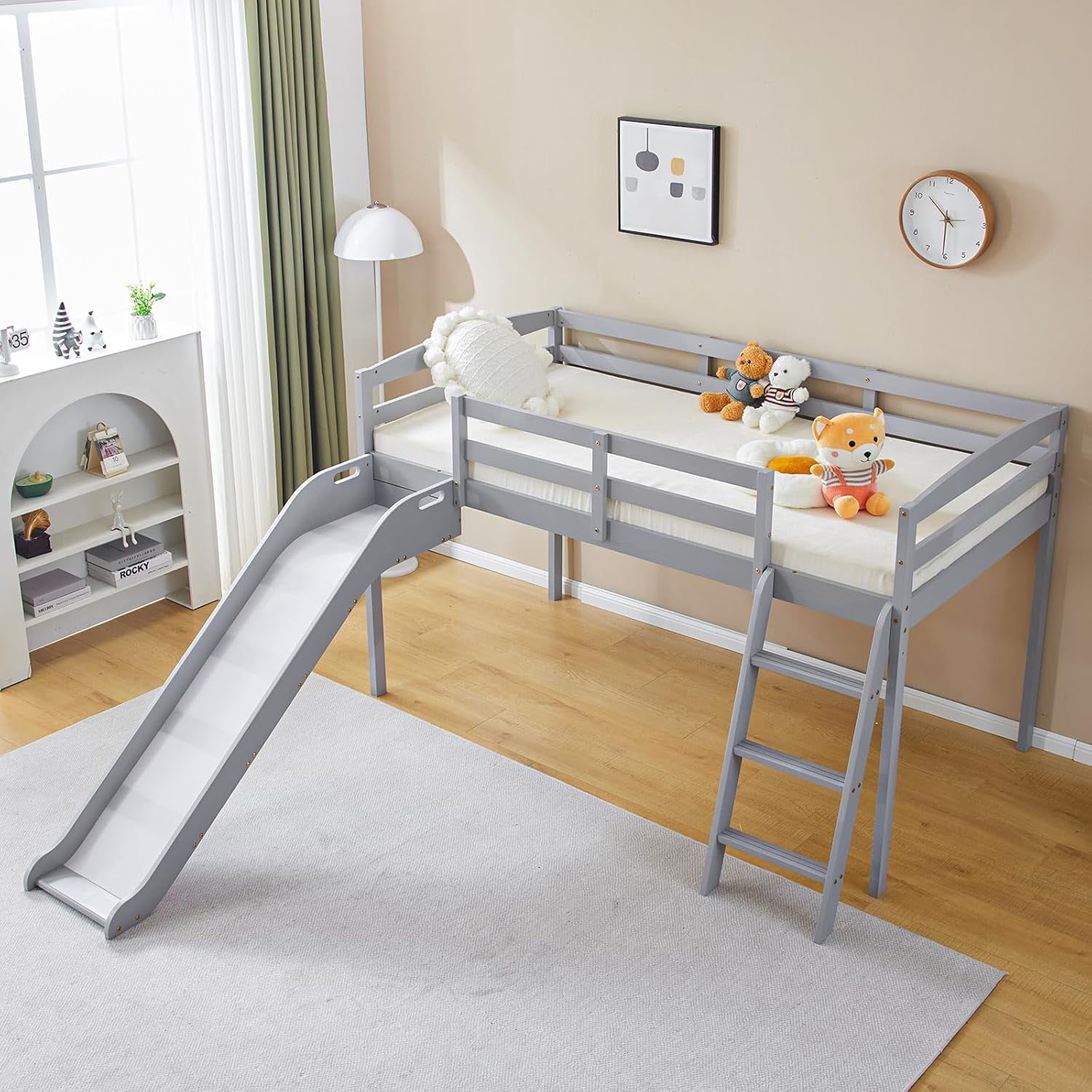 JOYMOR Low Loft Bed with Curved Slide, Loft Bed Twin Size, Slide Bed with Ladder, Solid Pine ...