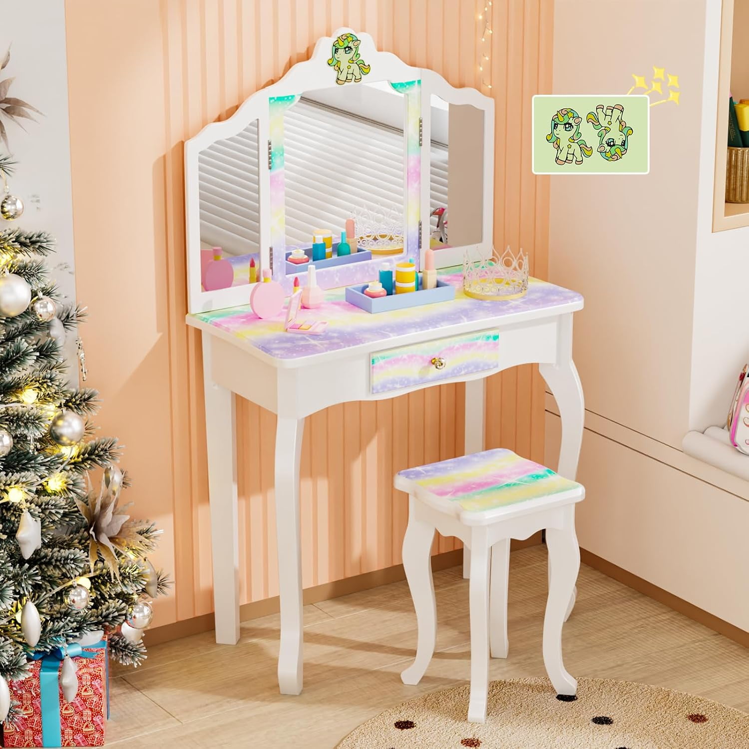 JOYMOR Luminous Unicorn Kids Vanity, 2-in-1 Toddler Vanity, w/Tri-Fold ...