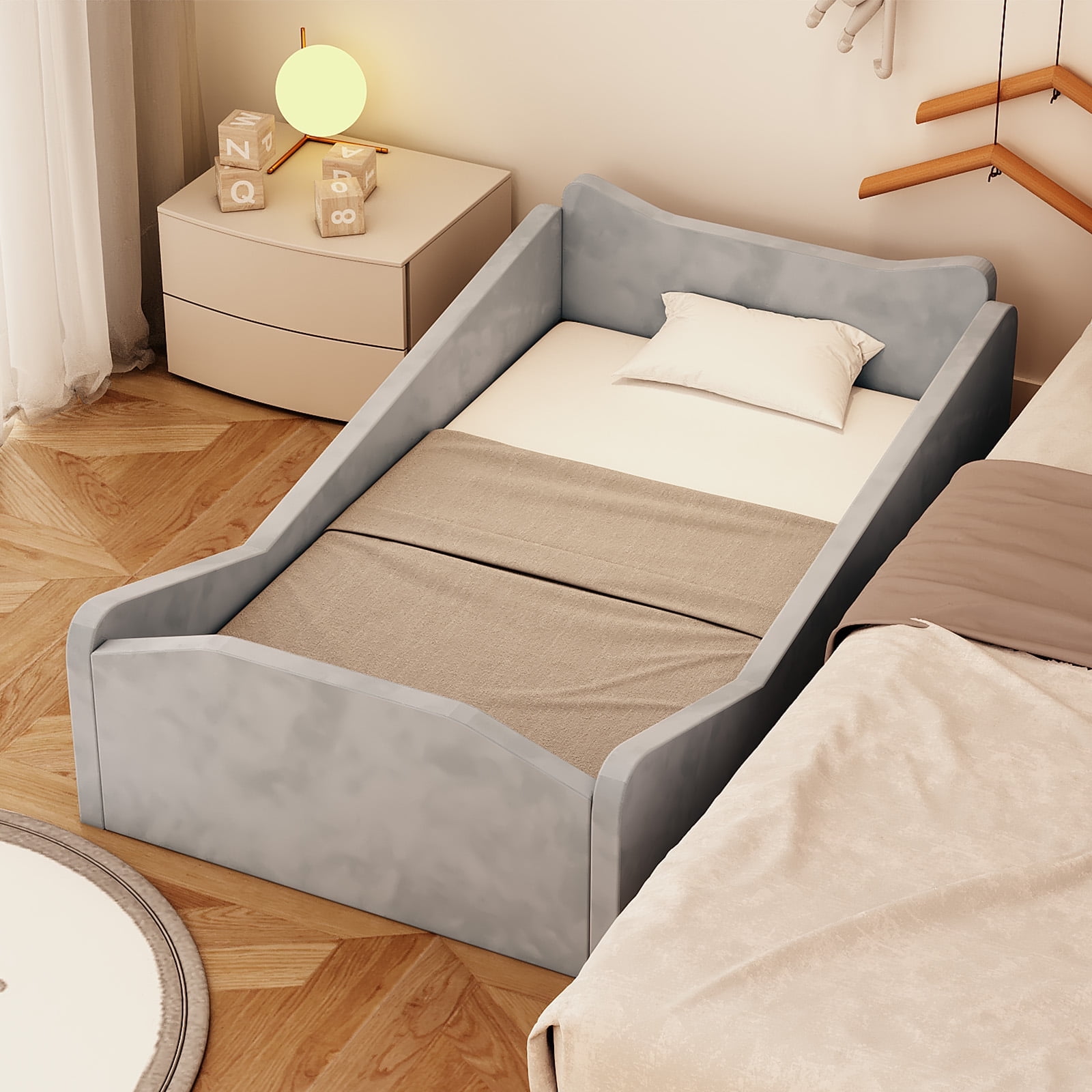 JOYMOR Toddler Bed, Toddler Floor Bed Frame with Guard Rails, Soft ...