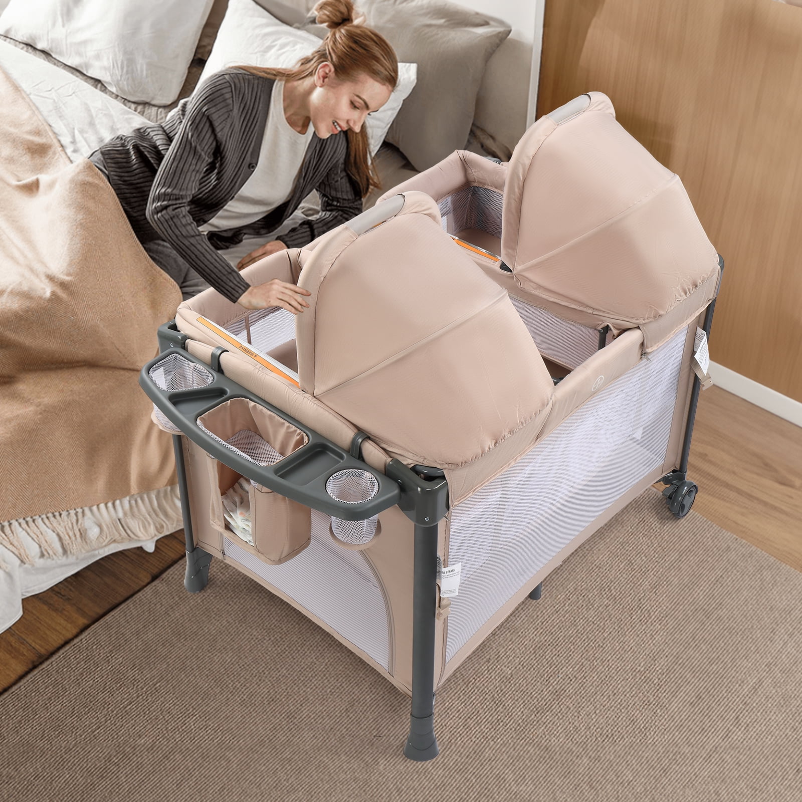 JOYMOR Twin Bassinet for Baby with Storage, Playyard with Two Bassinet ...