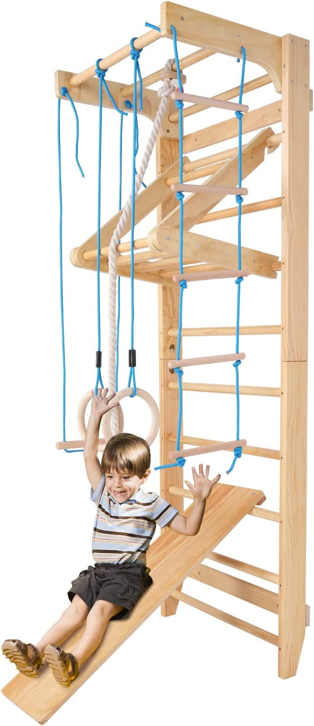 JOYMOR Indoor Wooden Gym Equipment Set: Swedish Wall Ladder, Kids ...