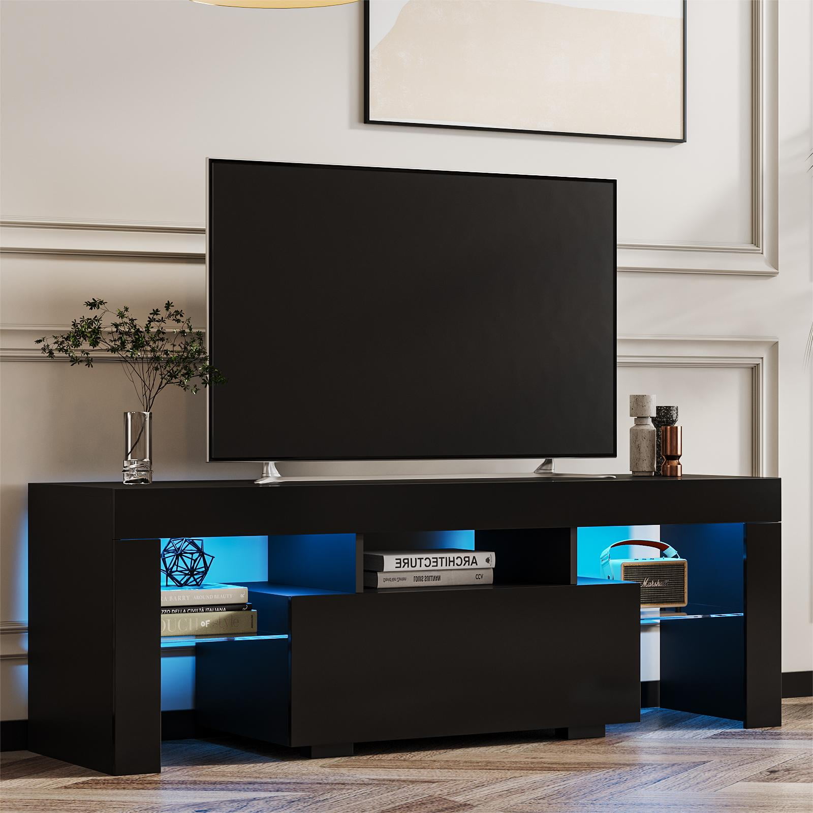 JOYSOURCE Modern LED-Lit Black TV Stand for 55/60 inch Televisions ...