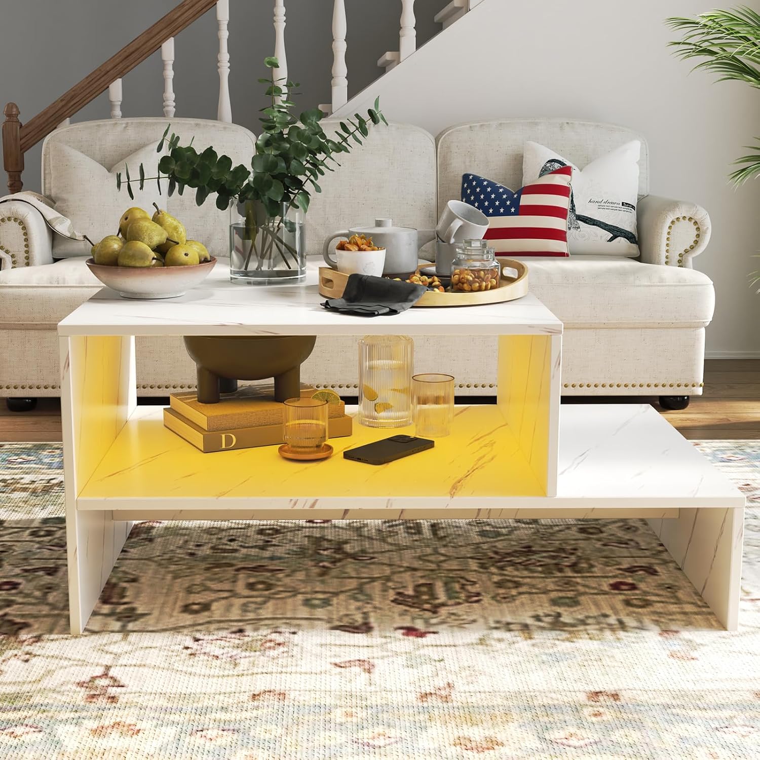 JOYSOURCE Coffee Table White for Living Room with LED Lights 35x22x16 ...