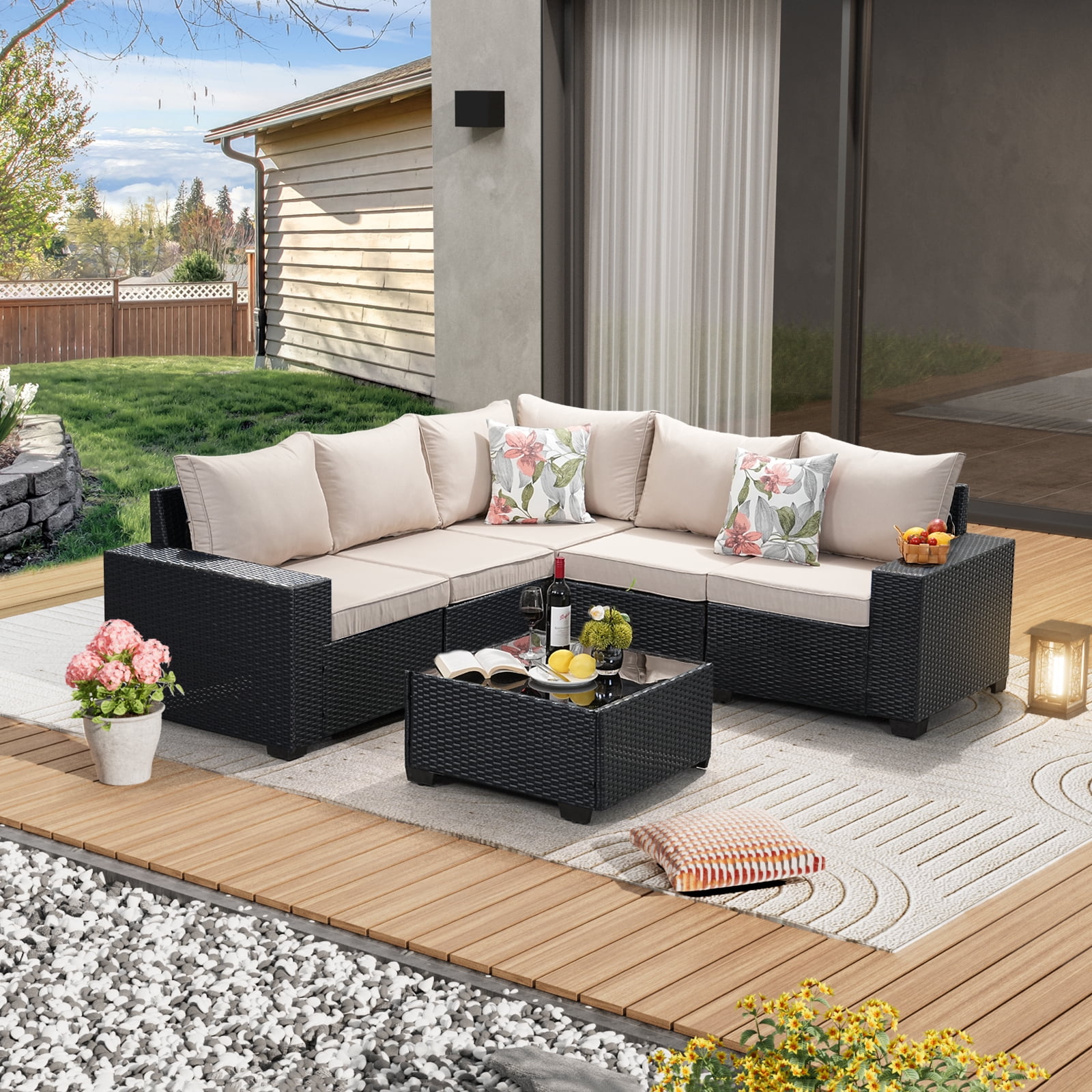 JOYURE 6-Piece All-Weather Wicker Patio Set with Cushion, Glass Table ...