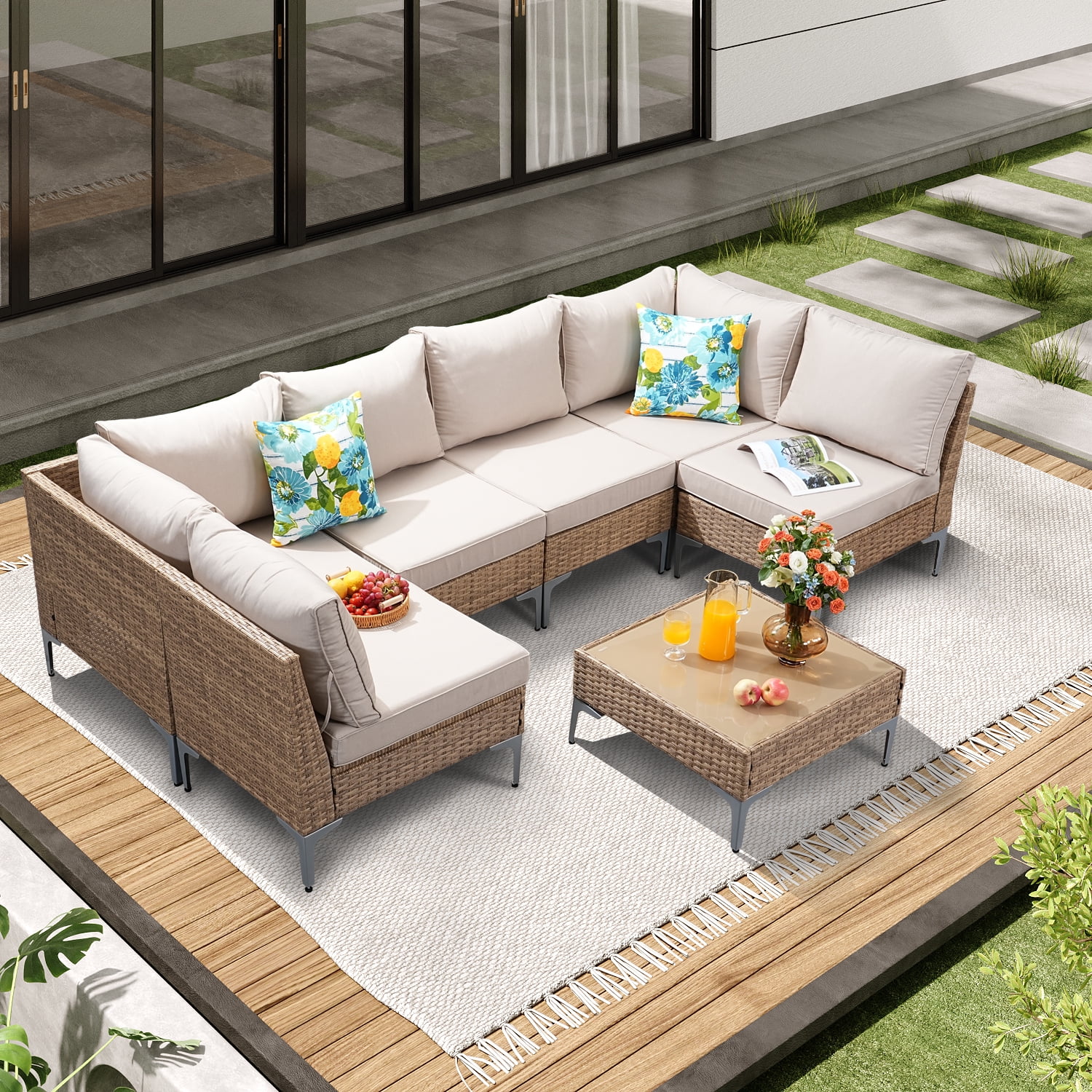 JOYURE 7 Piece Wicker Patio Furniture Set,Outdoor conversation ...