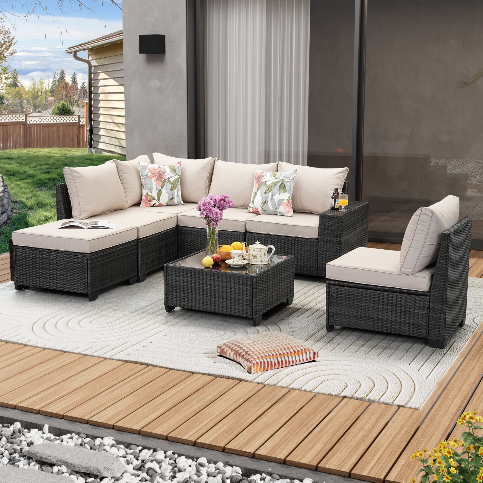 JOYURE 7 Piece Patio Set, All-Weather Outdoor Wicker Sofa with Cushion ...