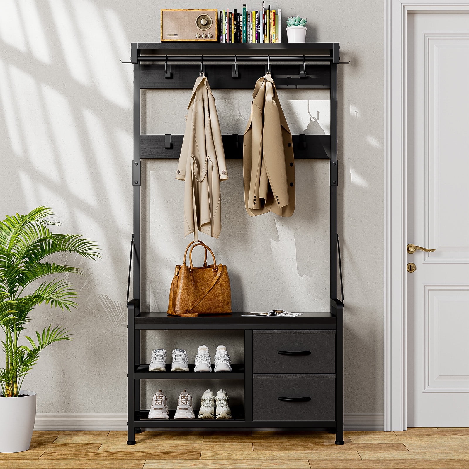 JOZ Entryway Hall Tree with Shoe Bench and Top Shelf, 5-in-1 Coat Rack ...