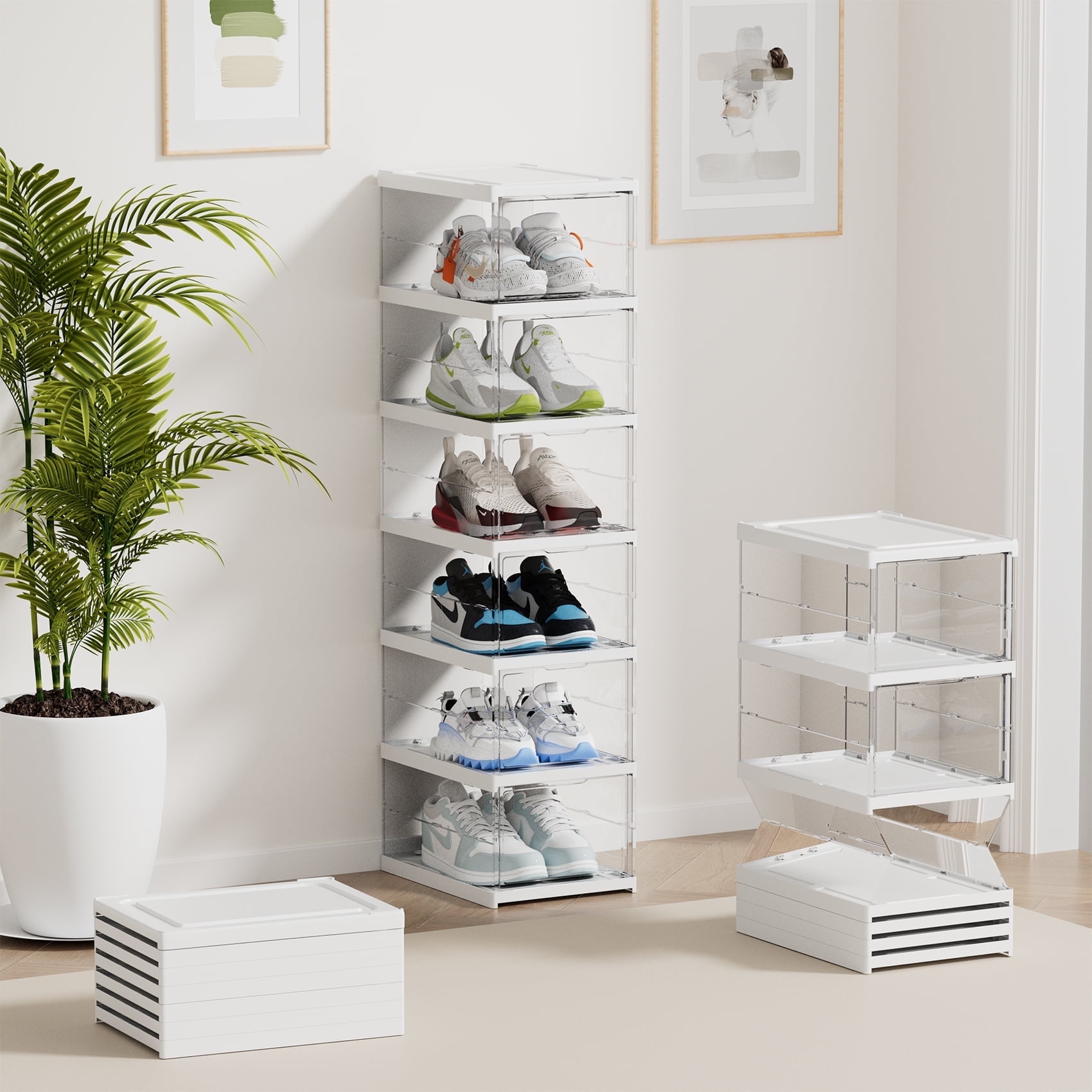 JOZ 6-Tier Foldable Shoe Organizer Box – Stackable Clear Shoe Storage ...
