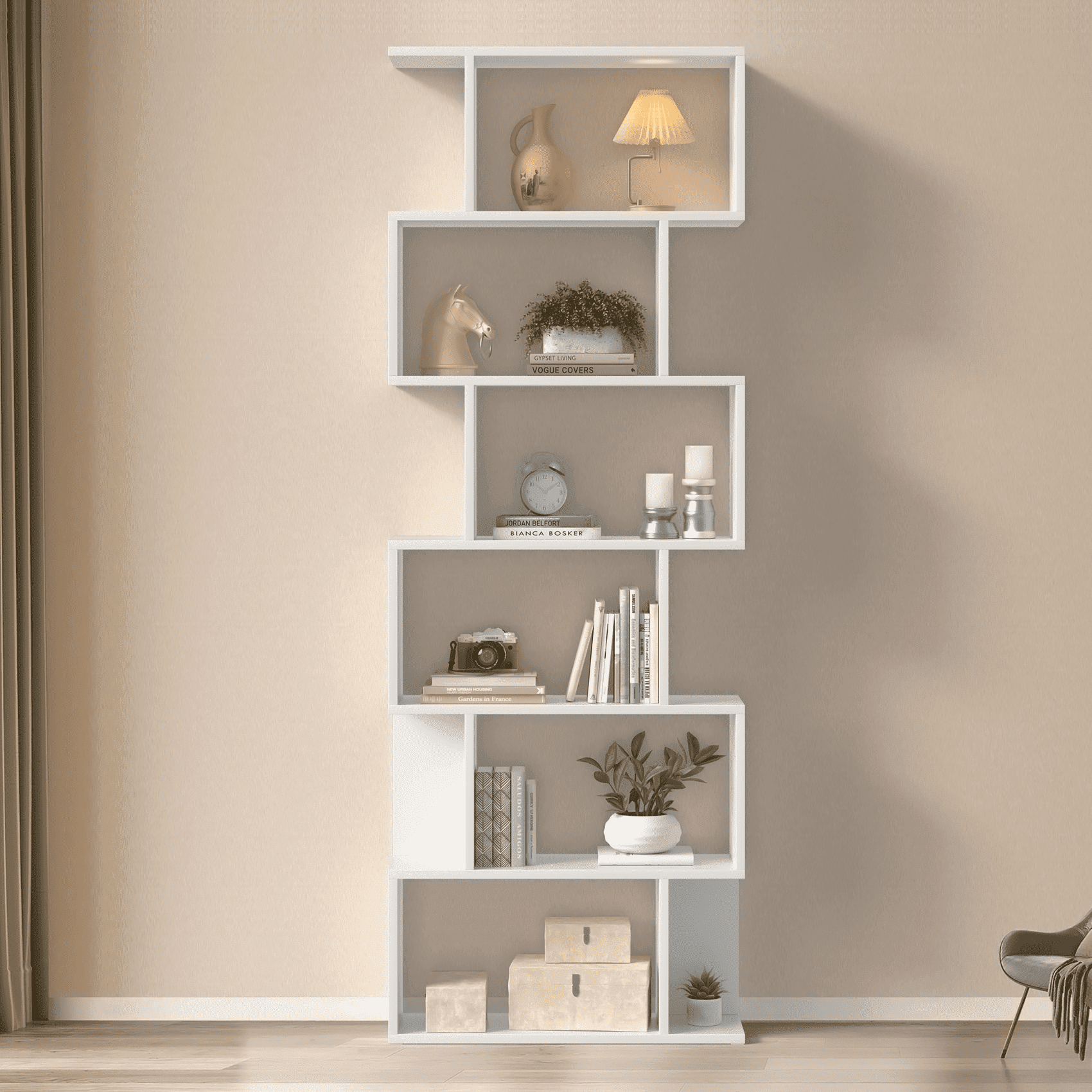 JOZ Geometric Bookcase Wooden Wood S Shape Storage Display Unit ...