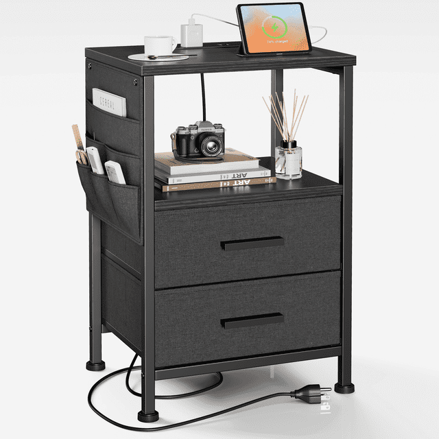 JOZ Nightstand with Charging Station, End Table with Cloth Drawer, Side ...