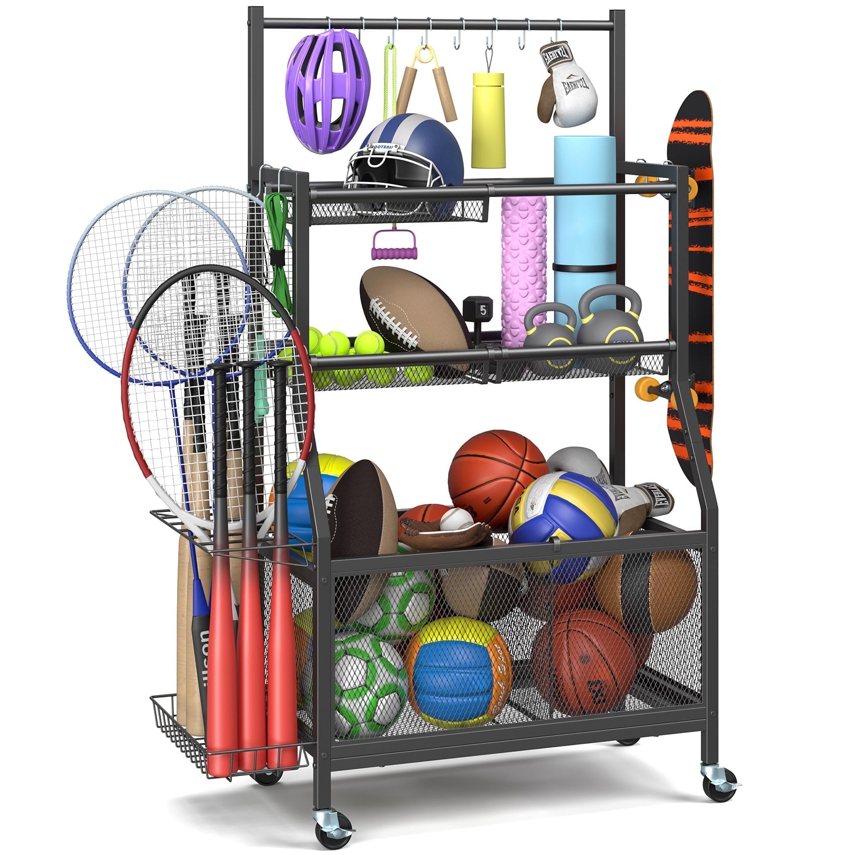 JOZ Sports Equipment Organizer Rolling Ball Storage Bin with Wheels ...