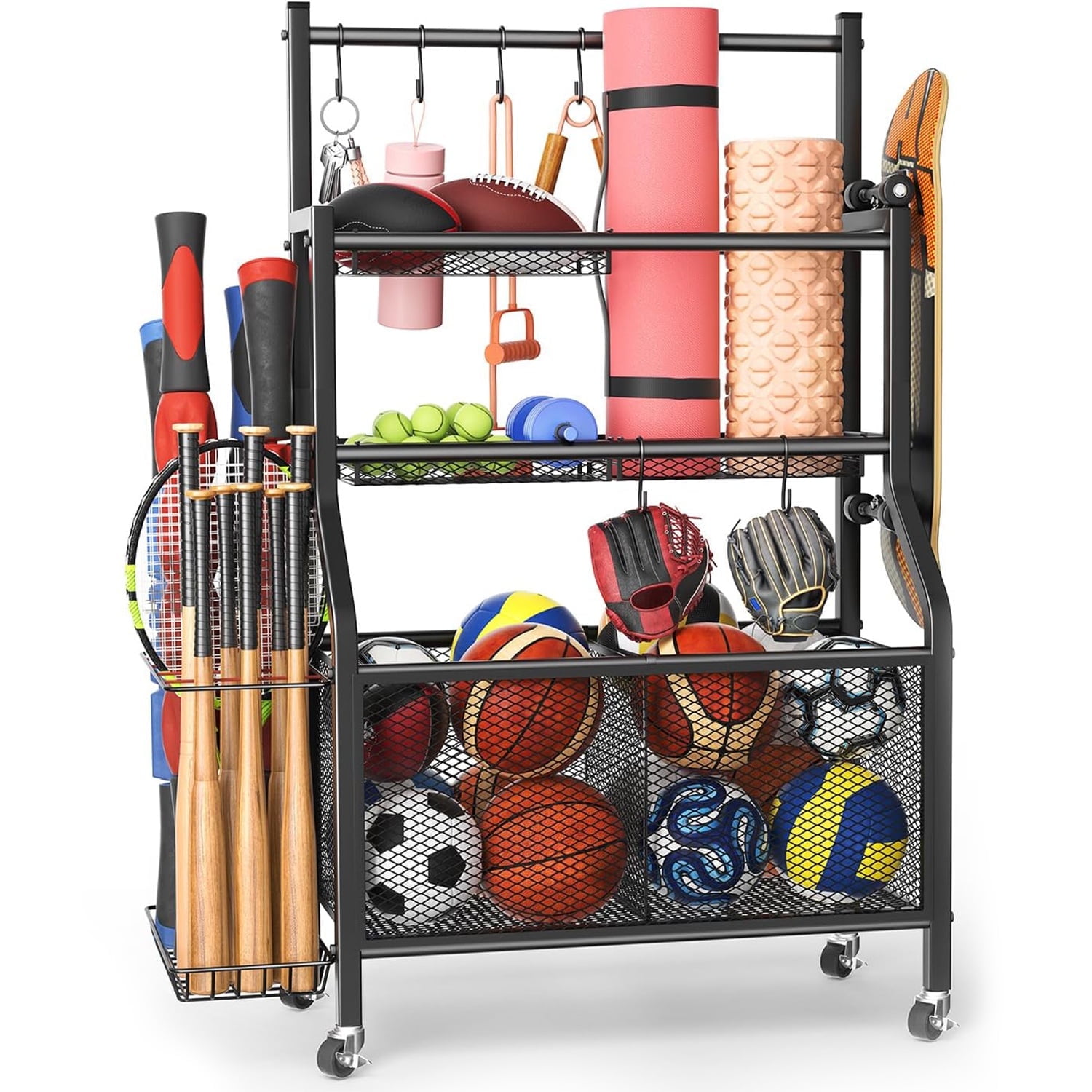 JOZ Sports Equipment Organizer Rack, Rolling Ball Storage Cart with ...