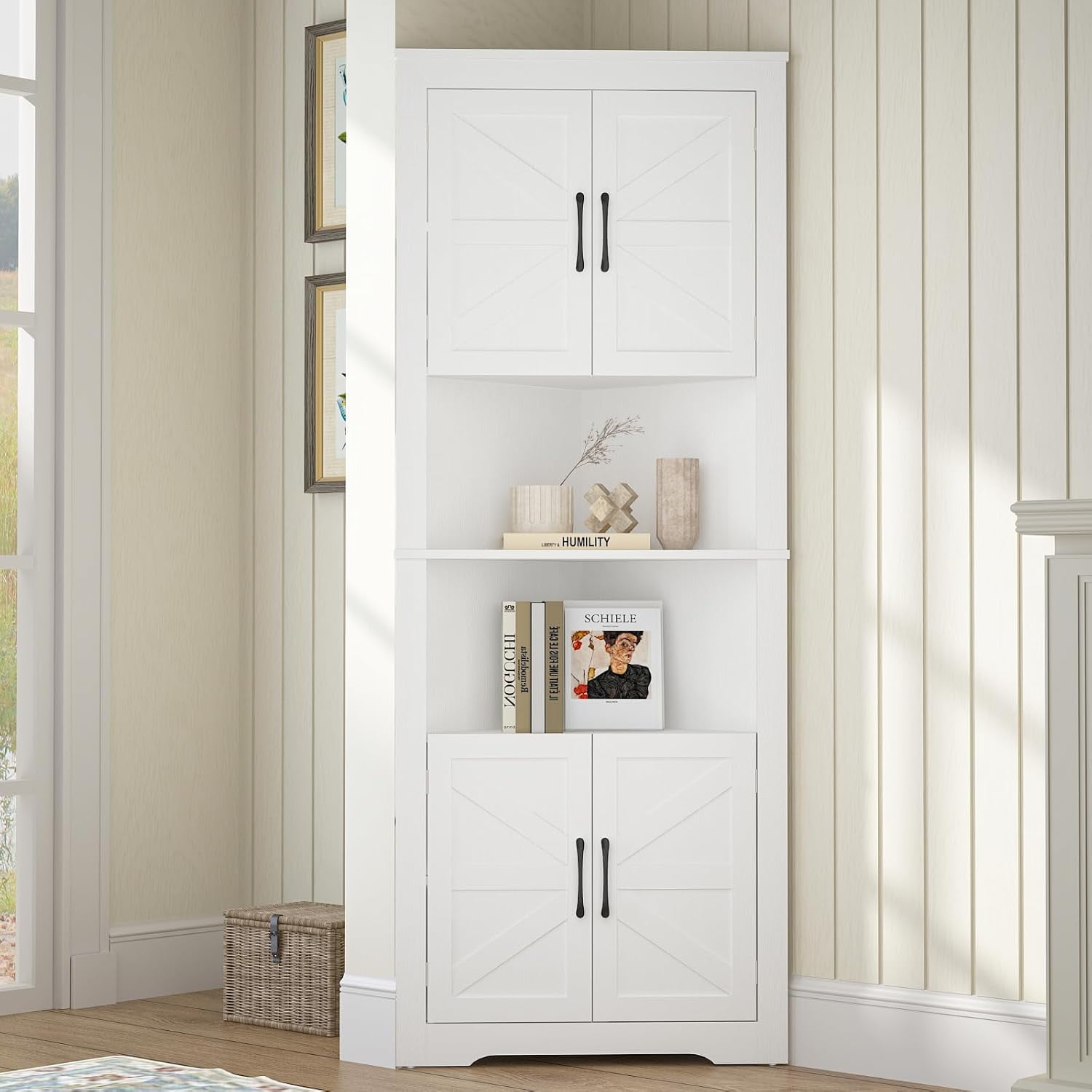 JOZZBY Corner Storage Cabinet, Farmhouse Corner Cabinet with Barn Doors ...