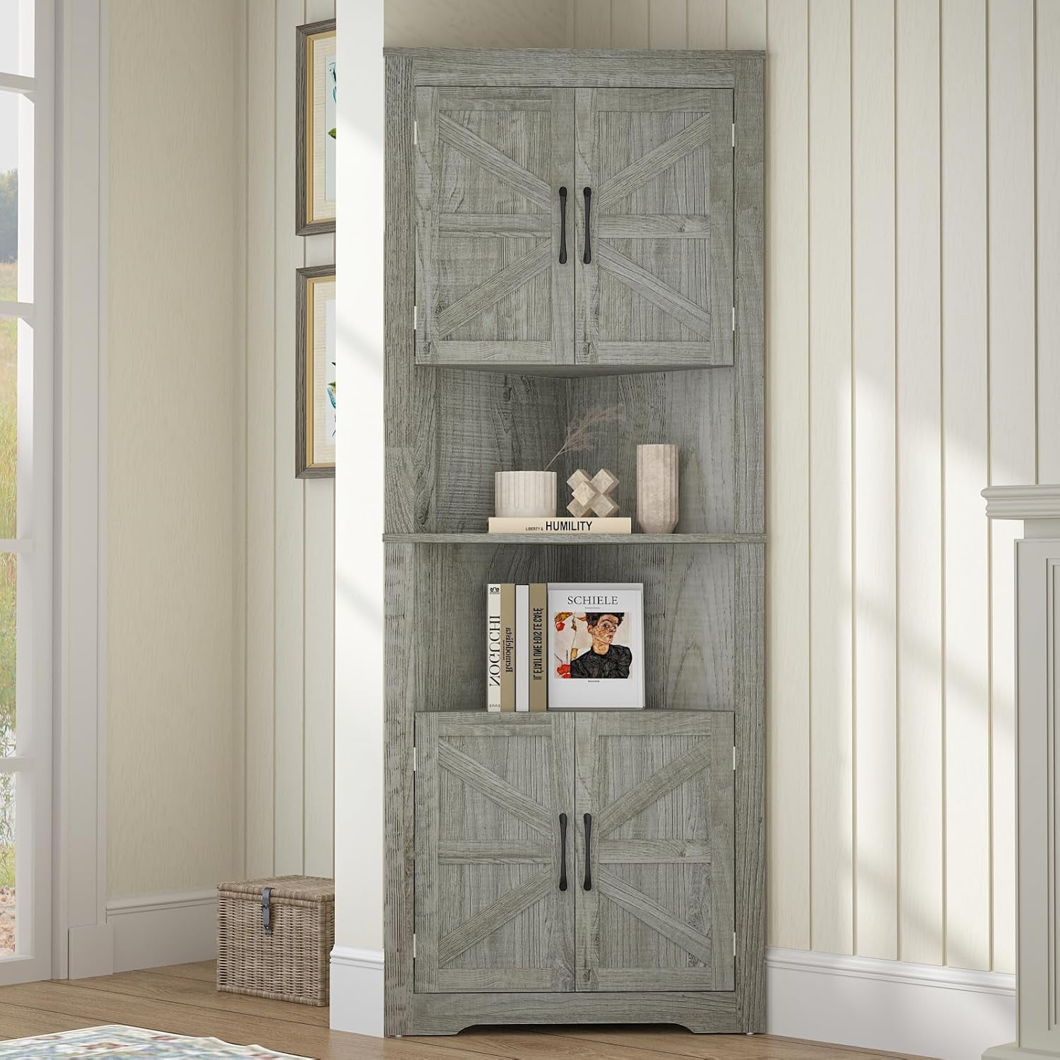 JOZZBY Corner Storage Cabinet, Farmhouse Corner Cabinet with Barn Doors ...