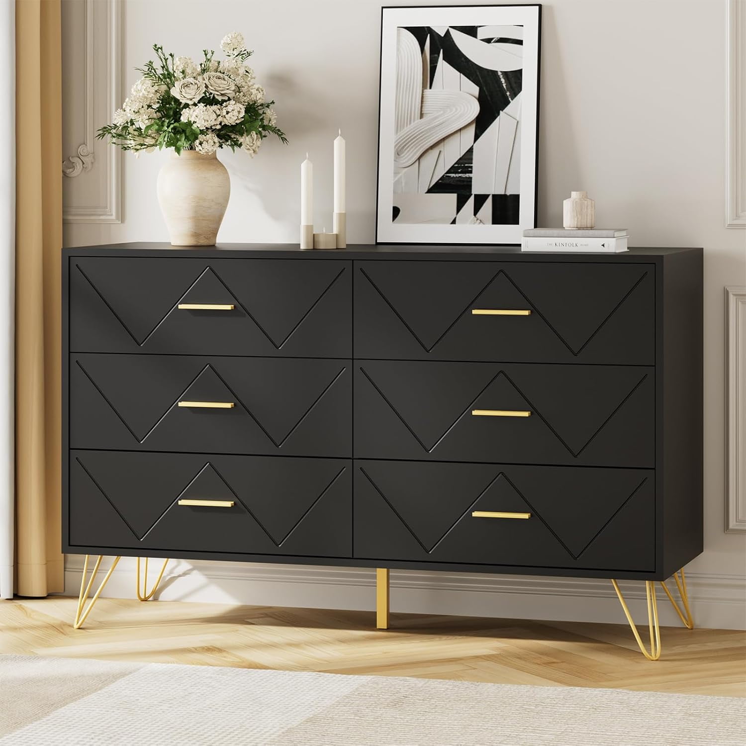JOZZBY Dresser for Bedroom, 6 Drawer Black Wood Dresser with Gold ...