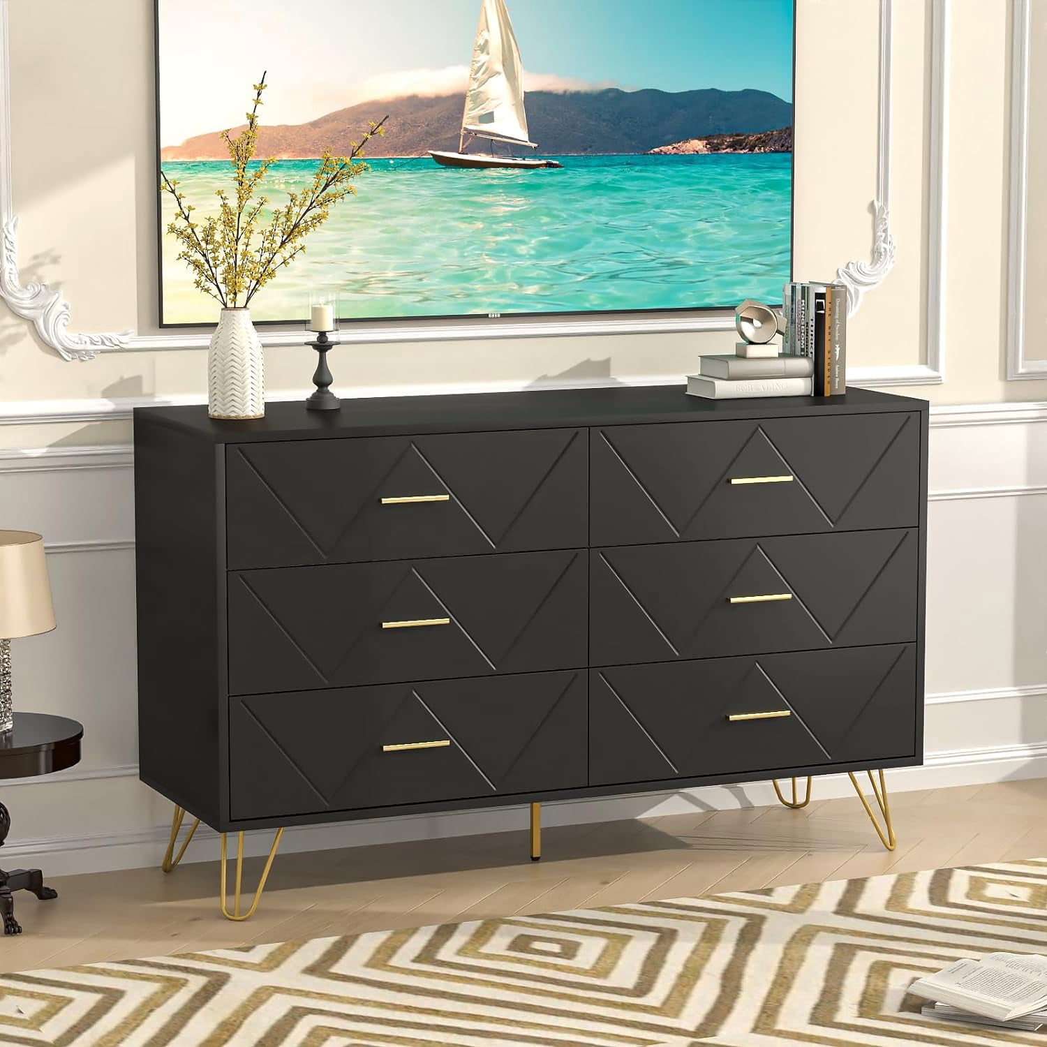JOZZBY Dresser for Bedroom, 6 Drawer Black Wood Dresser with Gold ...