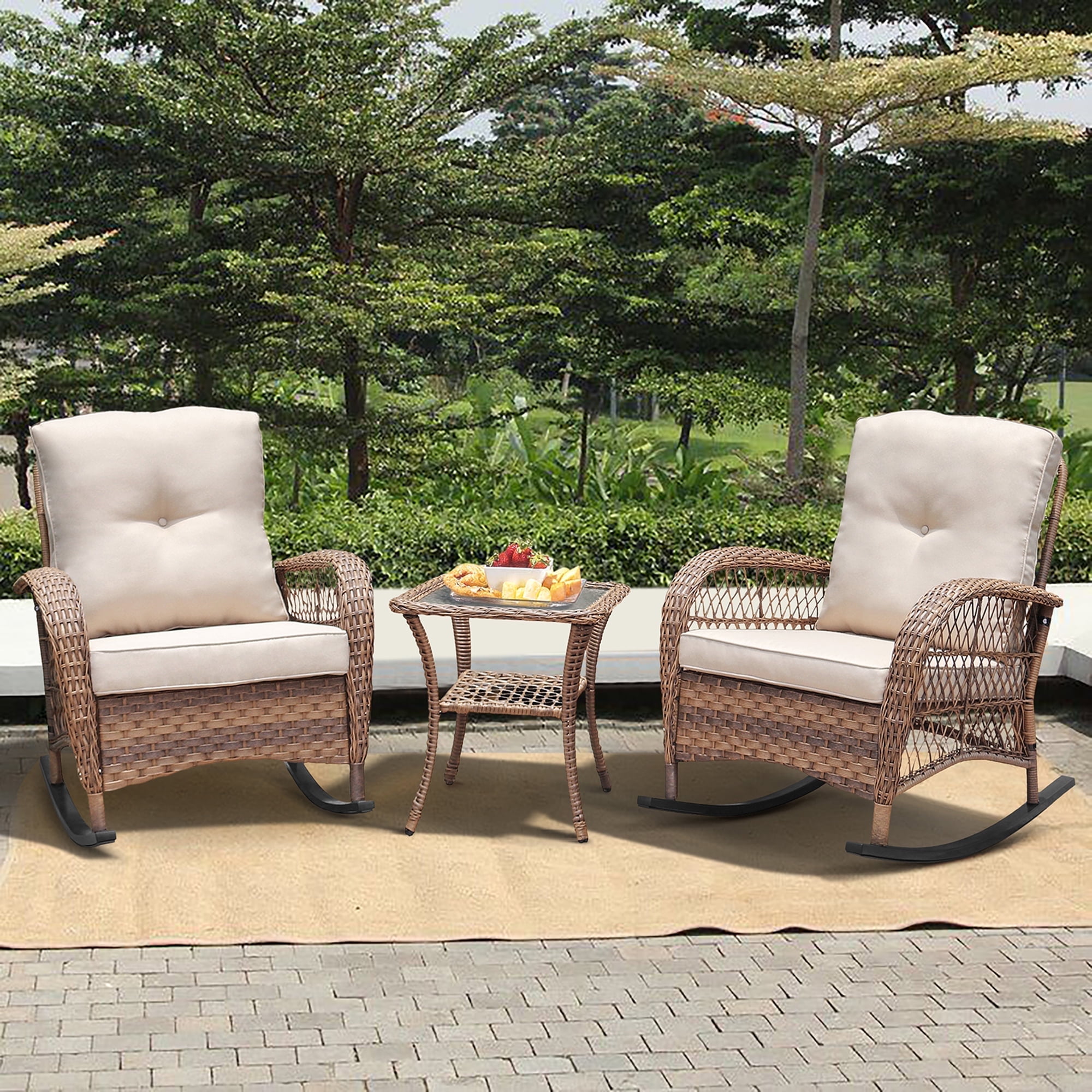 JP Outdoor 3Pcs Outdoor Wicker Rocking Porch Chair,Kahki(Beige Wicker ...
