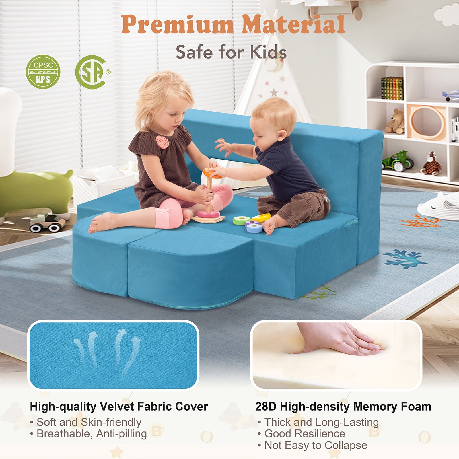 JP Outdoor 4PCS Modular Kids Play Couch Filled with 100% 28D Sponge ...