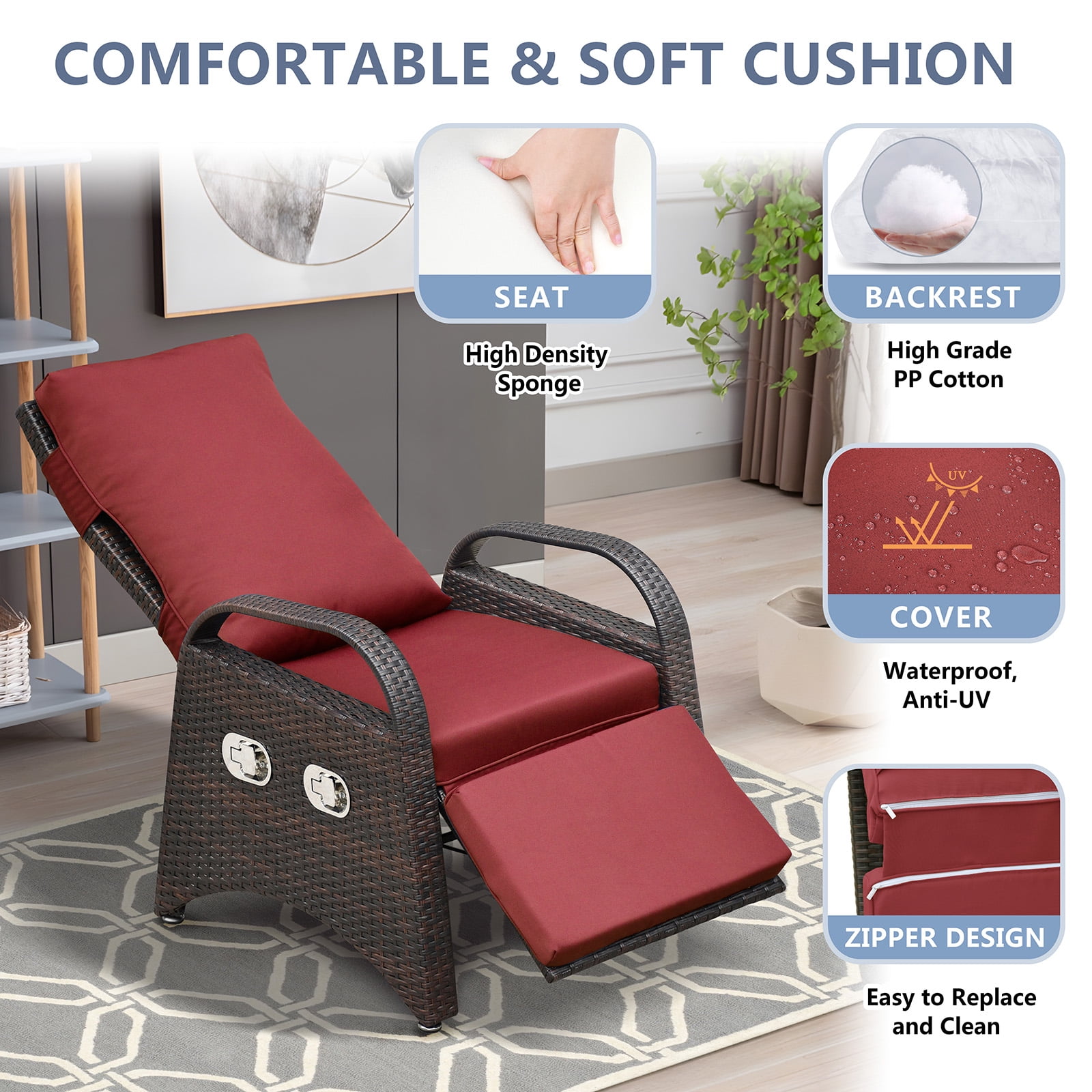 JP Outdoor Rattan Recliner Chair with Cushion,Adjustable Patio Wicker ...