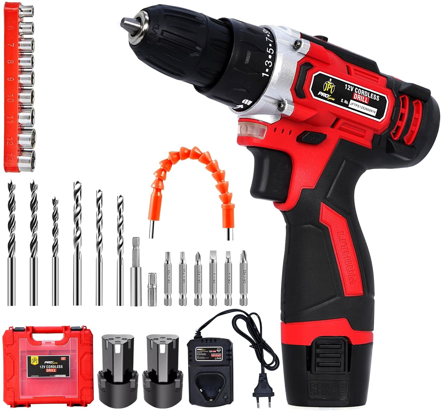 JPT Heavy Duty 12volt Pro Series Cordless Drill Machine 45Nm Torque 1950 RPM Speed 251 Clutch 2 ...