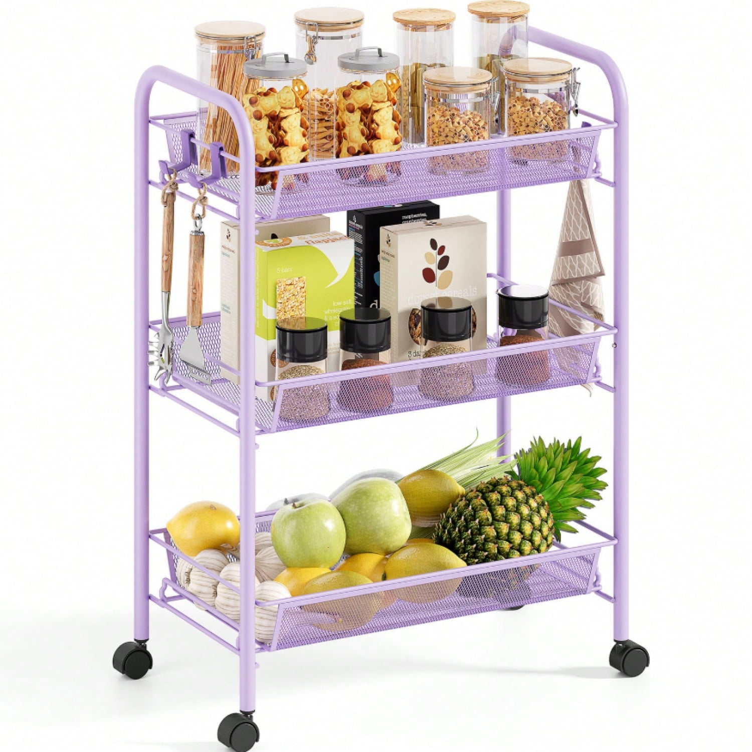 JQDWMDLX 3-Tier Purple Metal Rolling Cart,Storage Trolley On Wheels ...
